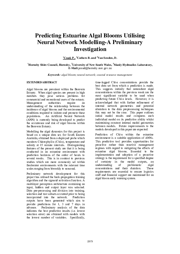 (PDF) Predicting Estuarine Algal Blooms Utilising Neural Network Modelling-A Preliminary ...