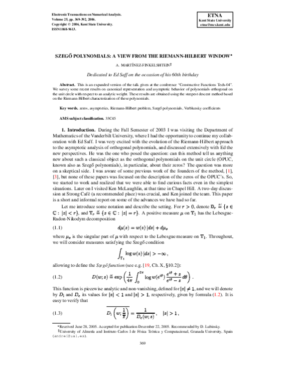 (PDF) Szego polynomials: a view from the Riemann-Hilbert window