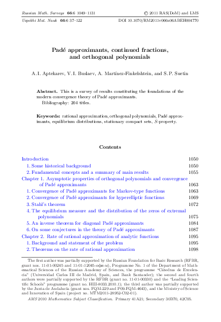 (PDF) Padé approximants, continued fractions, and orthogonal polynomials