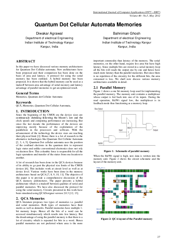 Pdf Quantum Dot Cellular Automata Memories