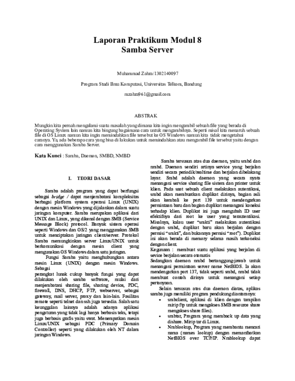 (DOC) Laporan Praktikum Modul 8 Samba Server (DOC) Laporan Praktikum Modul 8 Samba Server