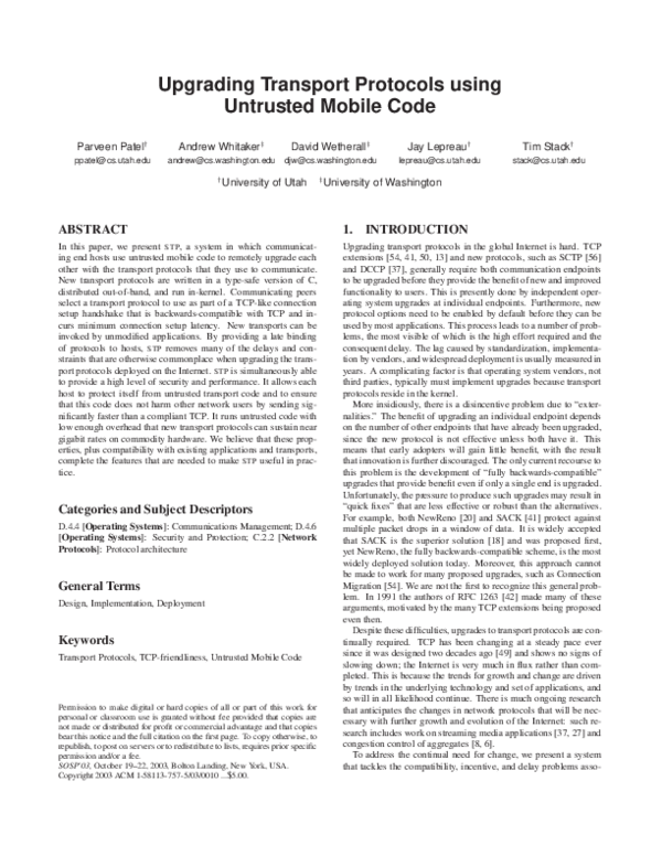 (PDF) Upgrading transport protocols using untrusted mobile code
