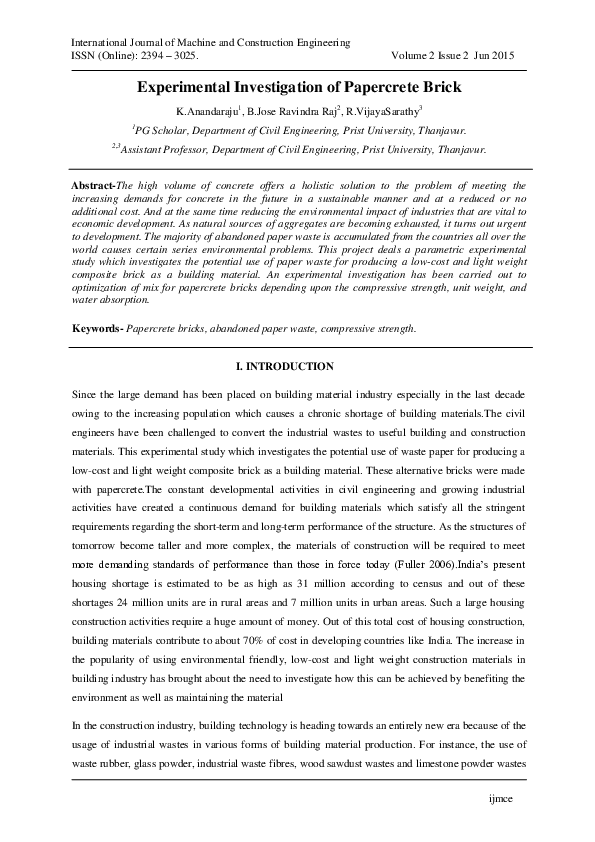 (PDF) Experimental Investigation of Papercrete Brick
