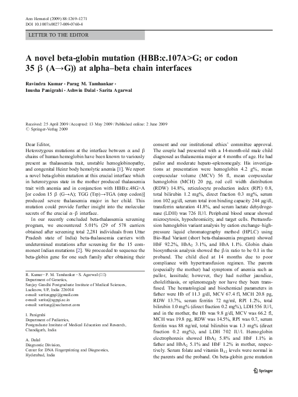(PDF) A novel beta-globin mutation (HBB:c.107A>G; or codon 35 β (A→G ...