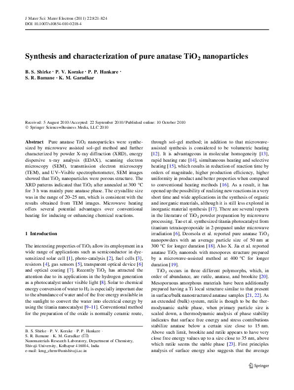 Pdf Synthesis And Characterization Of Pure Anatase Tio 2 Nanoparticles