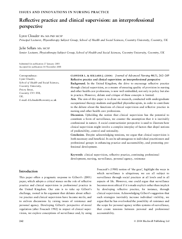 (PDF) Reflective practice and clinical supervision: an ...