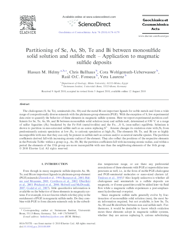 (PDF) Partitioning of Se, As, Sb, Te and Bi between monosulfide solid ...