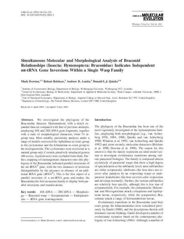 (PDF) Simultaneous Molecular and Morphological Analysis of Braconid ...