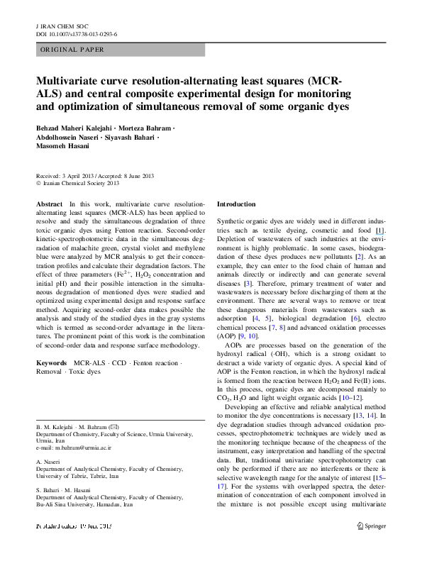 Pdf Multivariate Curve Resolution Alternating Least Squares Applied