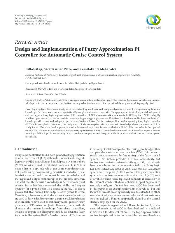 Pdf Design And Implementation Of Fuzzy Approximation Pi Controller For Automatic Cruise