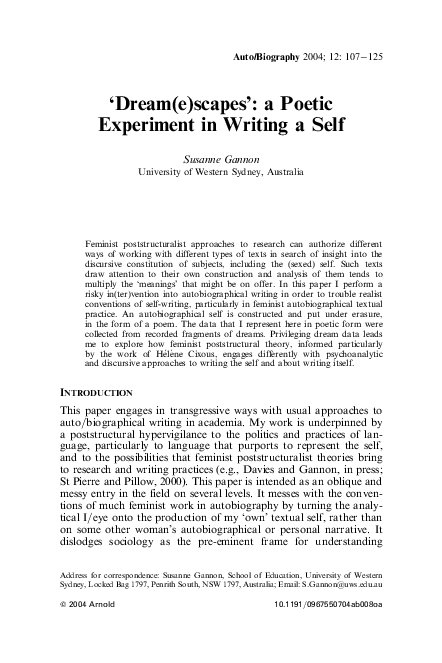 (PDF) Dream(e)scapes': a Poetic Experiment in Writing a Self