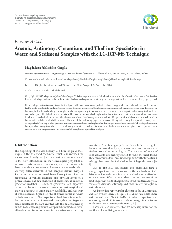 (PDF) Arsenic, Antimony, Chromium, and Thallium Speciation in Water and Sediment Samples with ...