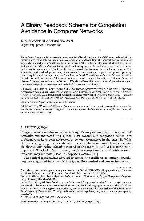 Pdf A Binary Feedback Scheme For Congestion Avoidance In Computer Networks With A