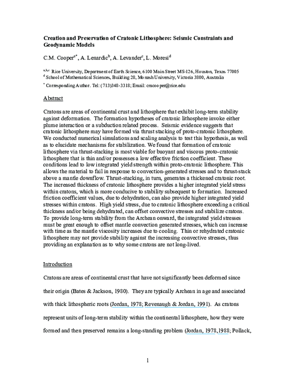 (PDF) Creation and preservation of cratonic lithosphere: seismic ...