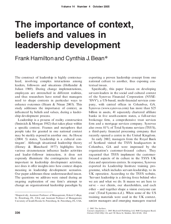 (PDF) The importance of context, beliefs and values in leadership ...