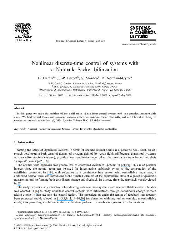 (PDF) Nonlinear discrete-time control of systems with a Naimark–Sacker bifurcation
