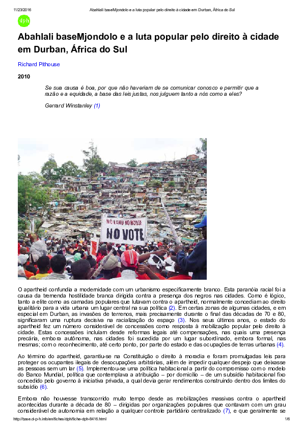 (PDF) Abahlali base Mjondolo e a luta popular pelo direito a cidade em ...