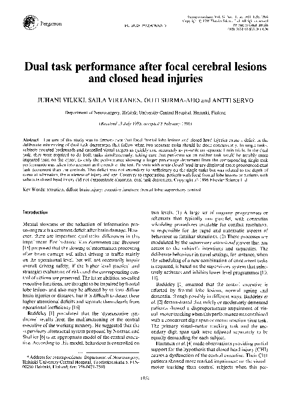 (PDF) Dual task performance after focal cerebral lesions and closed head injuries