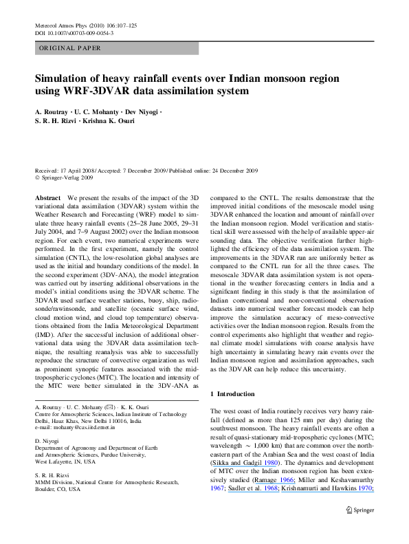 Pdf Simulation Of Heavy Rainfall Events Over Indian Monsoon Region Using Wrf 3dvar Data