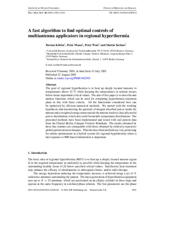 (PDF) A fast algorithm to find optimal controls of multiantenna applicators in regional hyperthermia
