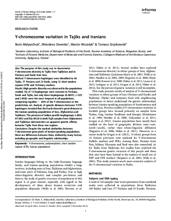 (PDF) Y-chromosome variation in Tajiks and Iranians
