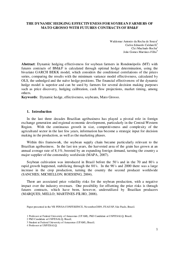 (PDF) The Dynamic Hedging Effectiveness for Soybean Farmers of Mato ...
