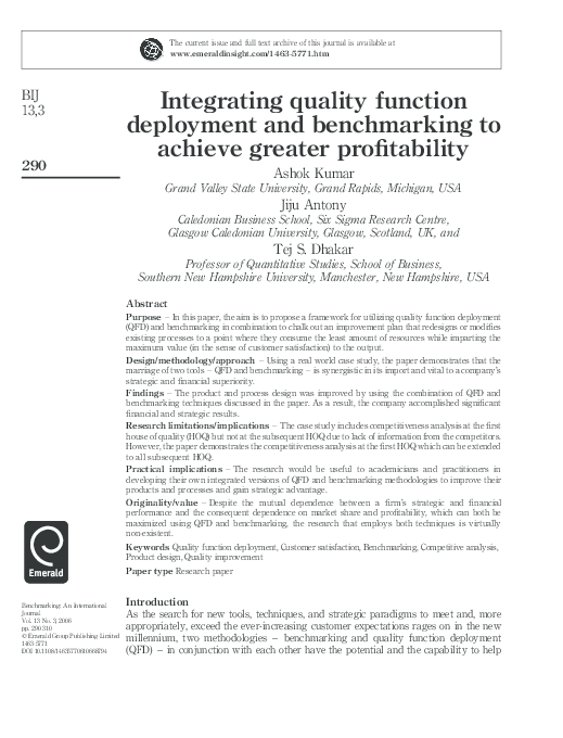 Pdf Integrating Quality Function Deployment And Benchmarking To Achieve Greater Profitability