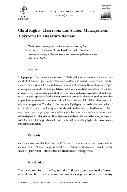 (PDF) Child Rights, Classroom and School Management: A Systematic ...