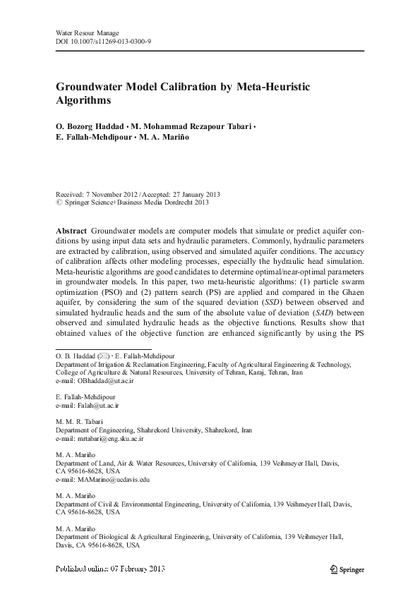 Pdf Groundwater Model Calibration By Meta Heuristic Algorithms