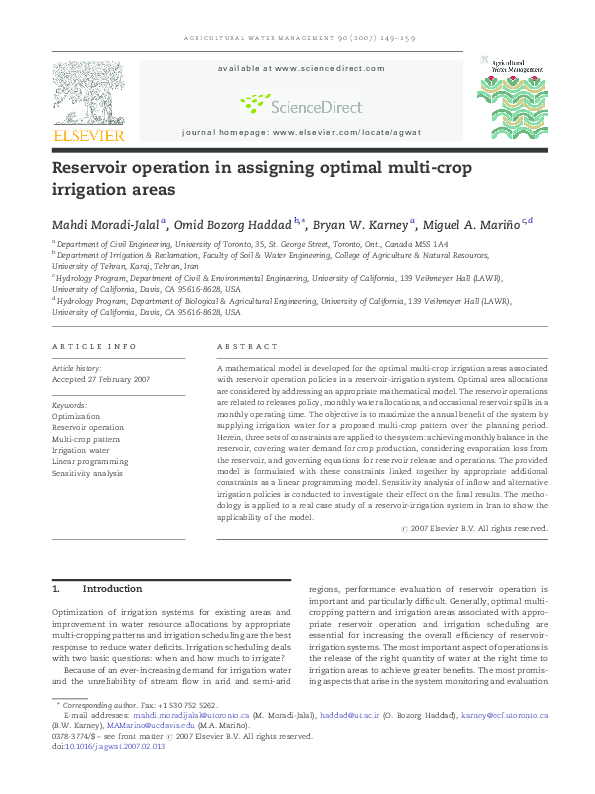 Pdf Reservoir Operation In Assigning Optimal Multi Crop Irrigation Areas