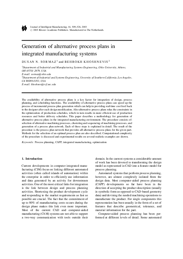 (PDF) Generation of alternative process plans in integrated ...