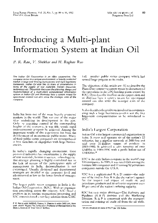 Introducing a multi-plant information system at Indian oil