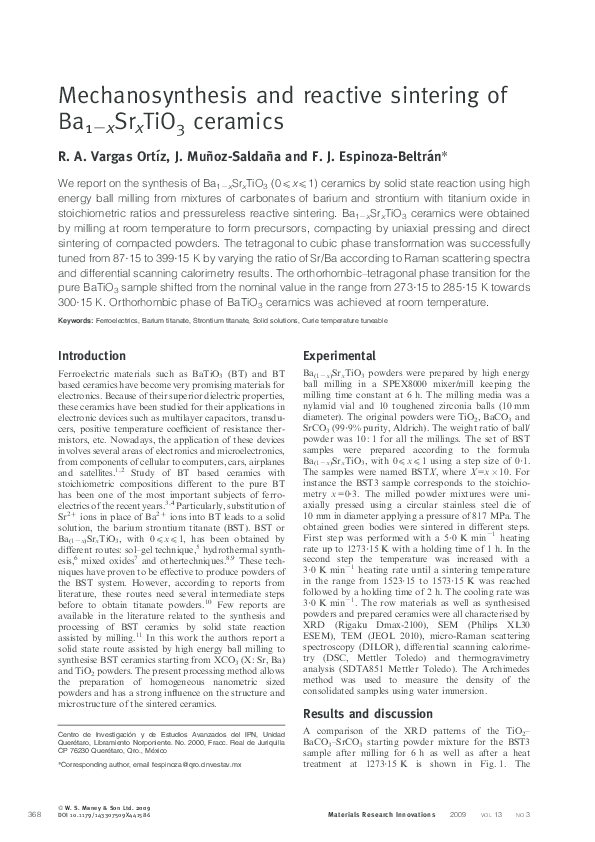 (PDF) Mechanosynthesis and reactive sintering of Ba 1– x Sr x TiO 3 ...
