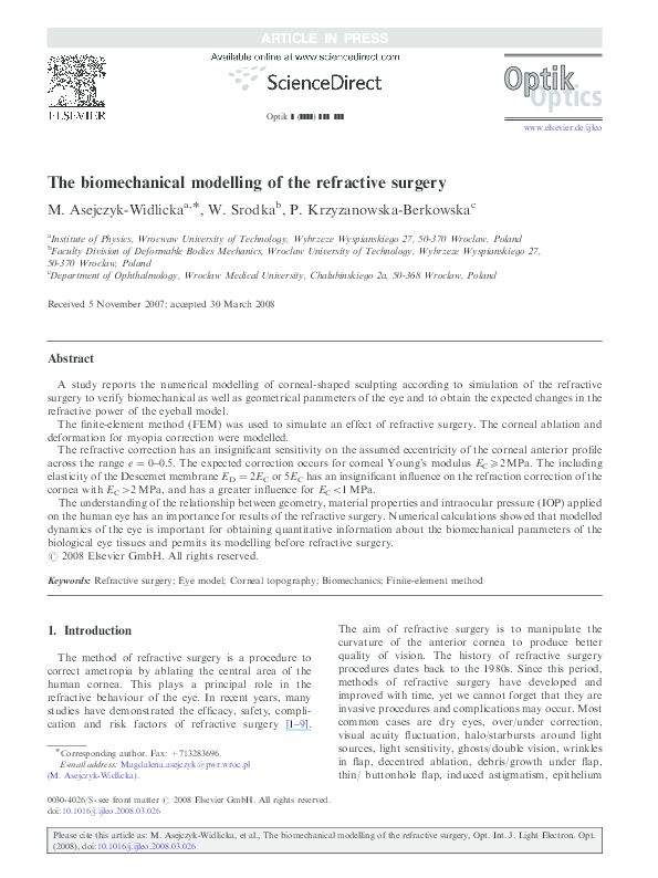 (PDF) The biomechanical modelling of the refractive surgery | Patrycja Krzyzanowska-Berkowska ...