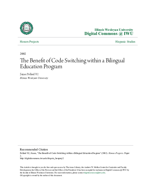 Pdf The Benefit Of Code Switching Within A Bilingual Education Program