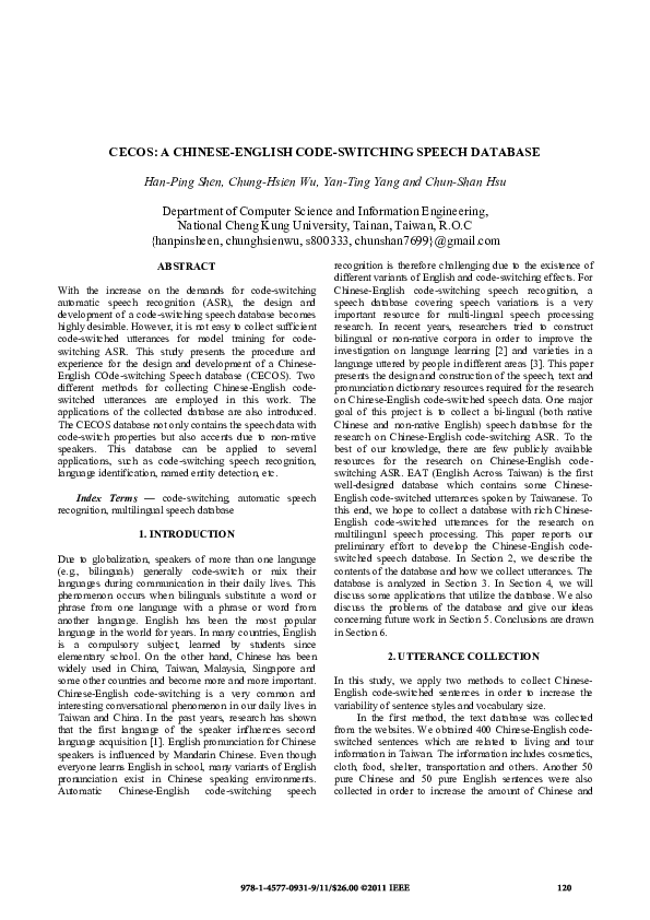 Pdf Cecos A Chinese English Speech Database