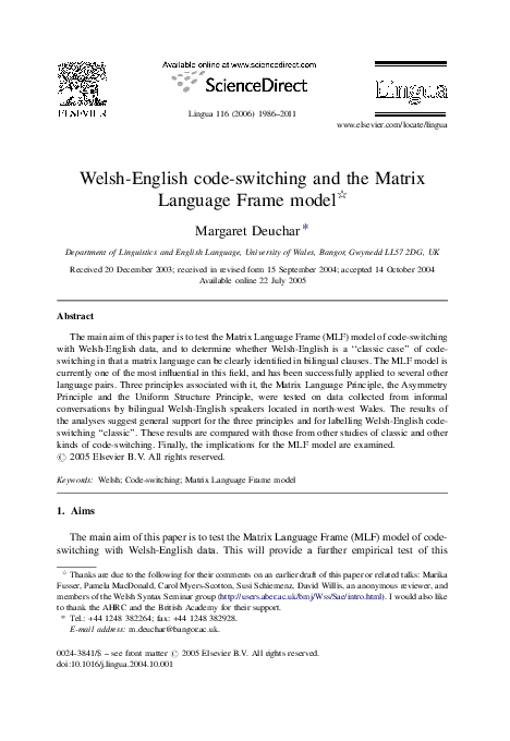(PDF) Welsh-English code-switching and the Matrix Language Frame model