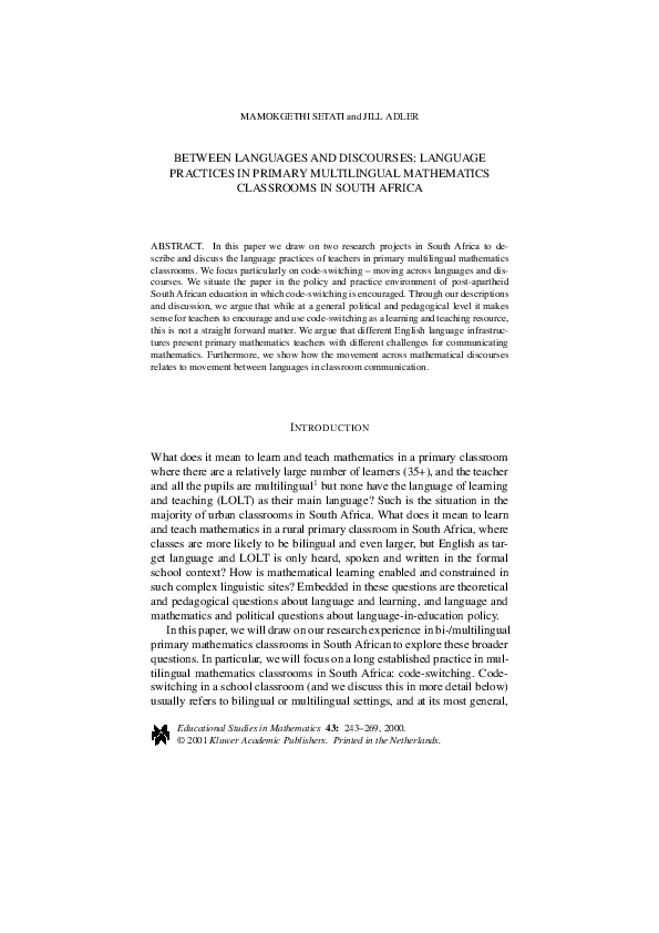 (PDF) Between languages and discourses: Language practices in primary multilingual mathematics ...