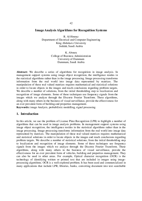 (PDF) Image Analysis Algorithms for Recognition Systems