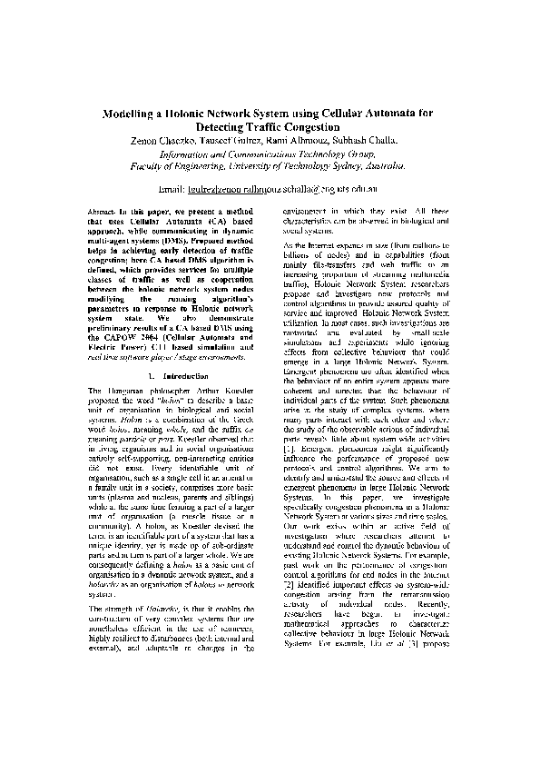 (PDF) Modelling a Holonic Network System Using Cellular Automata for Detecting Traffic Congestion