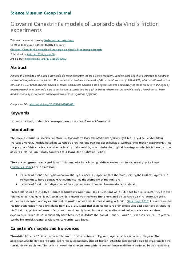 (PDF) Giovanni Canestrini’s models of Leonardo da Vinci’s friction ...