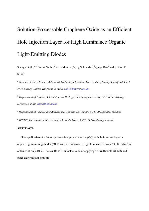 Pdf Solution Processable Graphene Oxide As An Efficient Hole Injection Layer For High