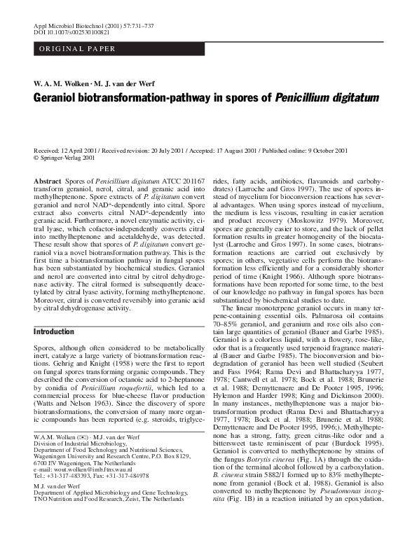 (PDF) Geraniol biotransformation-pathway in spores of Penicillium digitatum