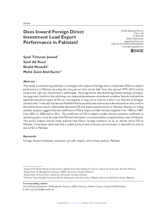 (PDF) Does Inward Foreign Direct Investment Lead Export Performance in ... (PDF) Does Inward Foreign Direct Investment Lead Export Performance in ...