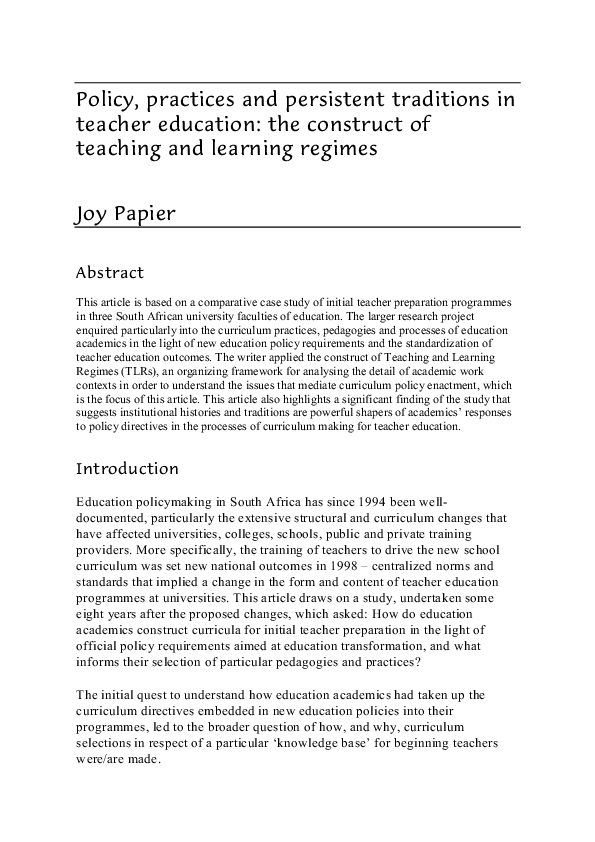 (PDF) Policy, practices and persistent traditions in teacher education ...