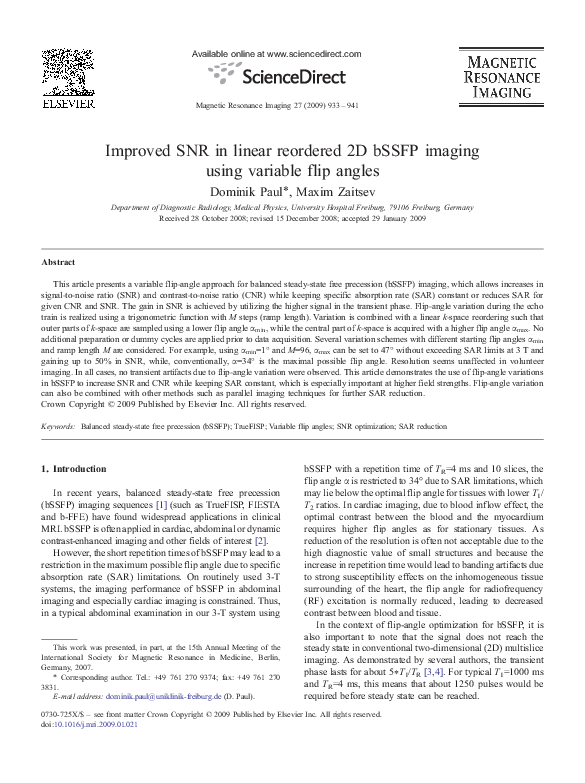 (PDF) Improved SNR in linear reordered 2D bSSFP imaging using variable ...