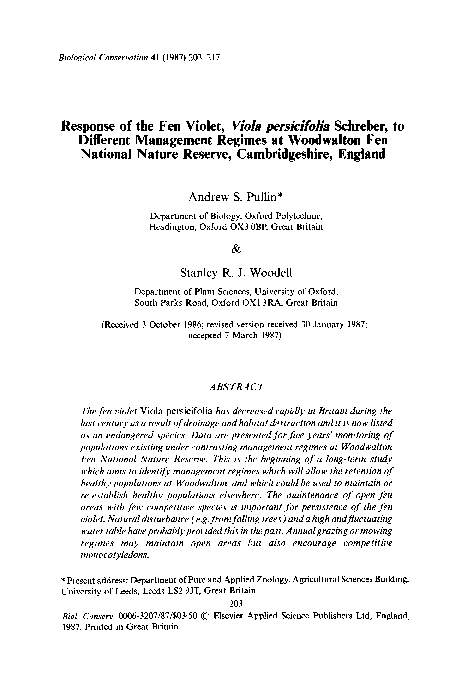 (PDF) Response of the fen violet, Viola persicifolia Schreber, to ...