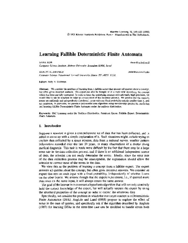 Pdf Learning Fallible Deterministic Finite Automata Ronitt Rubinfeld