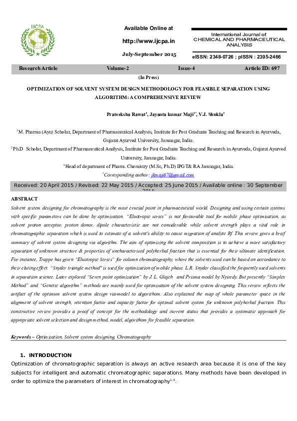 Doc Optimization Of Solvent System Design Methodology For Feasible Separation Using Algorithm