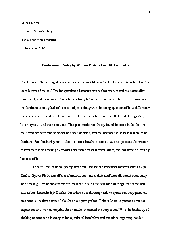 (PDF) Confessional Poetry by Women Poets in Post-Modern India